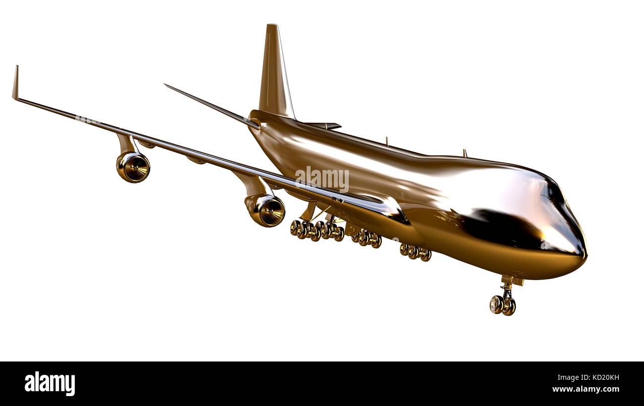 3d rendering of a golden airplane on isolated on a white background ...