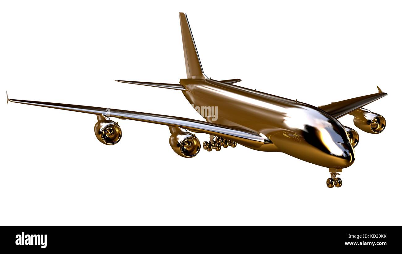 3d rendering of a golden airplane on isolated on a white background ...