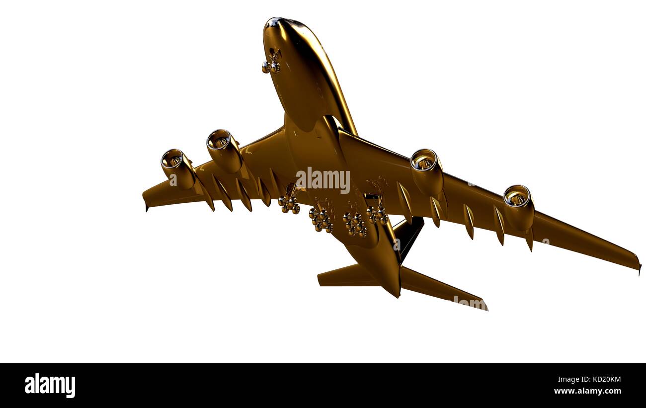 3d rendering of a golden airplane on isolated on a white background ...