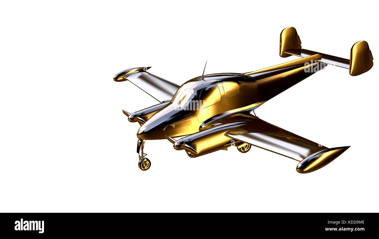 3d rendering of a golden airplane on isolated on a white background ...