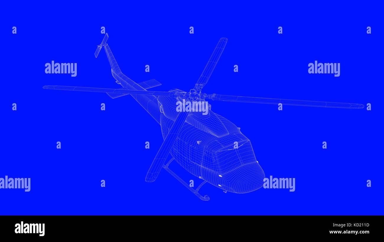 3d rendering of a blue print helicopter in white lines on a blue ...