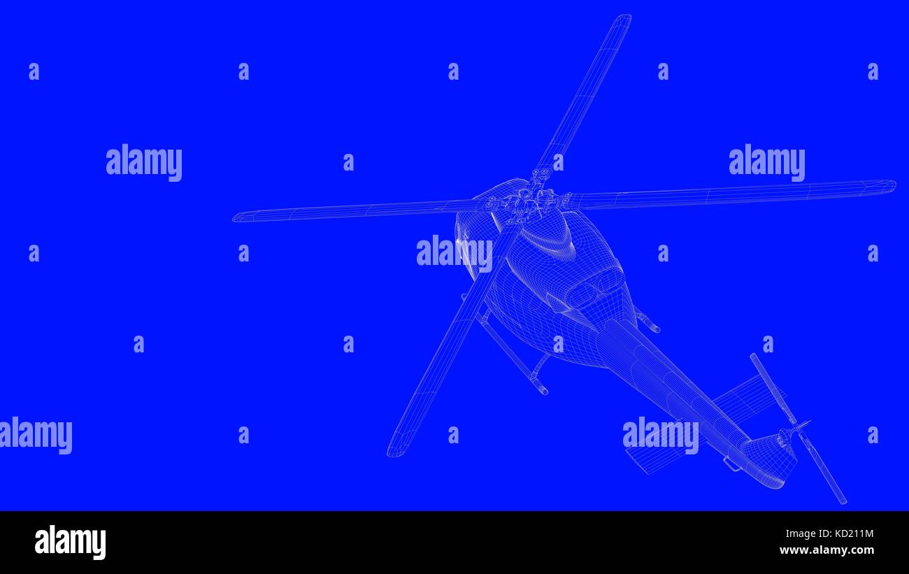3d rendering of a blue print helicopter in white lines on a blue ...