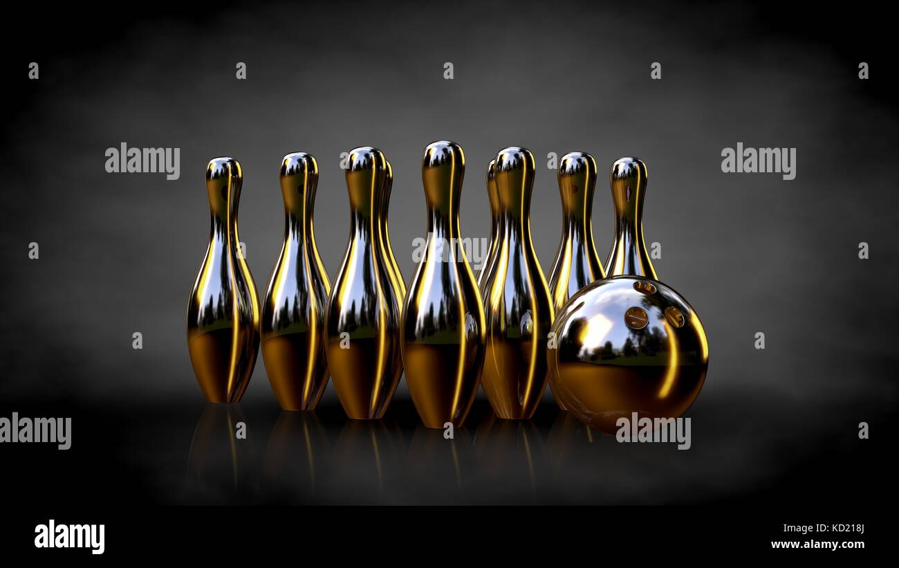 3d rendering of a golden bowling set on a dark background Stock Photo ...
