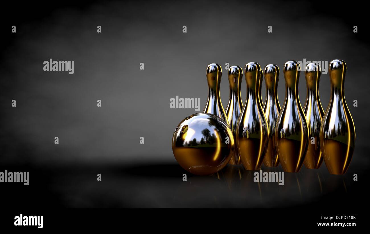 3d rendering of a golden bowling set on a dark background Stock Photo ...