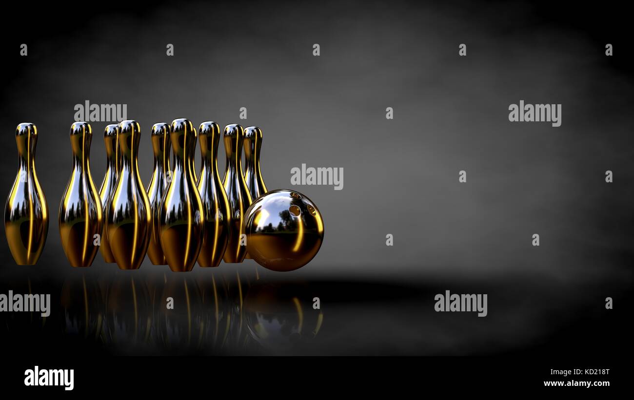 3d rendering of a golden bowling set on a dark background Stock Photo ...