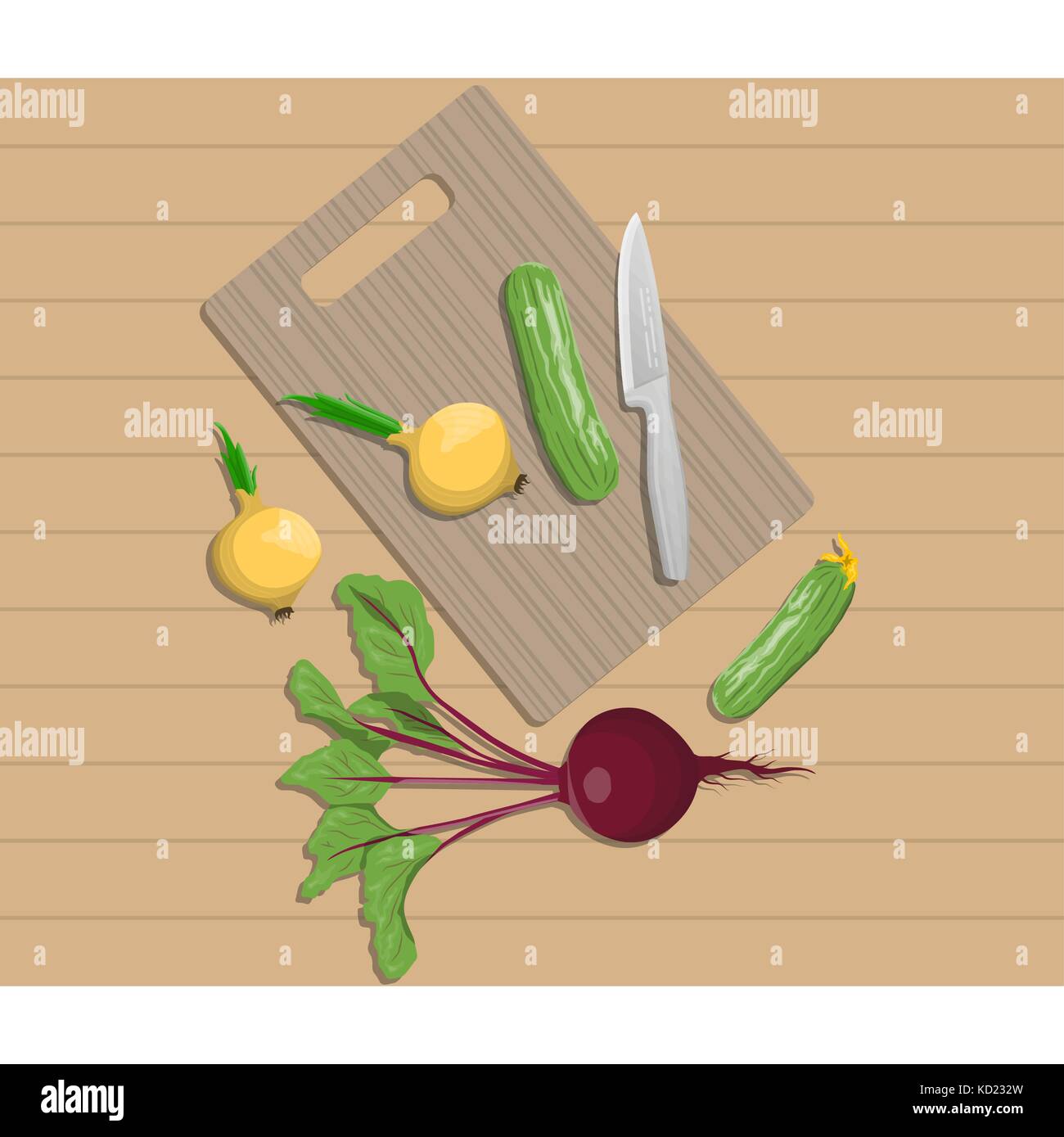 Vector illustration of vegetables chopping on a cutting board on white ...