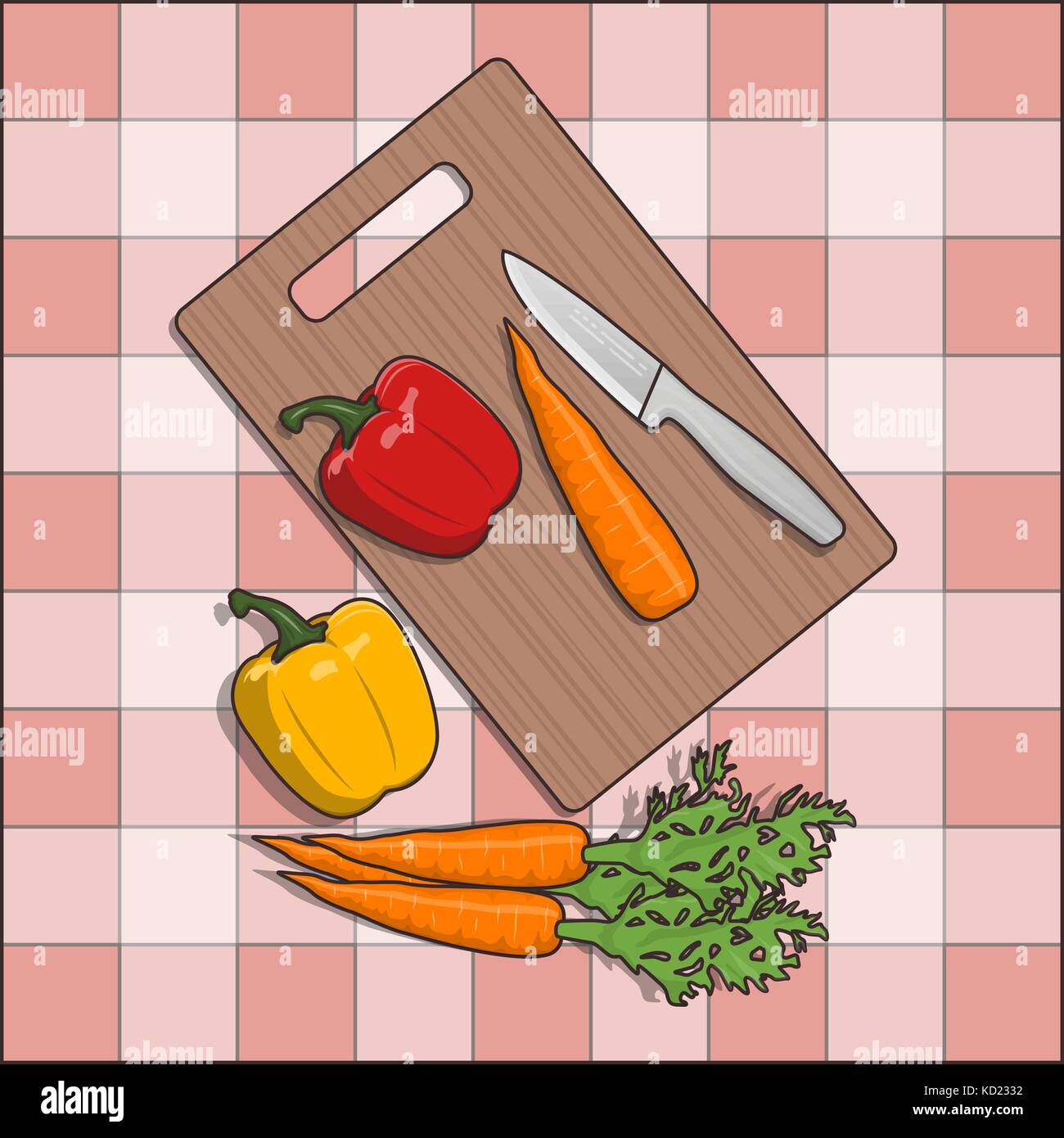 Vector illustration of vegetables chopping on a cutting board on white ...