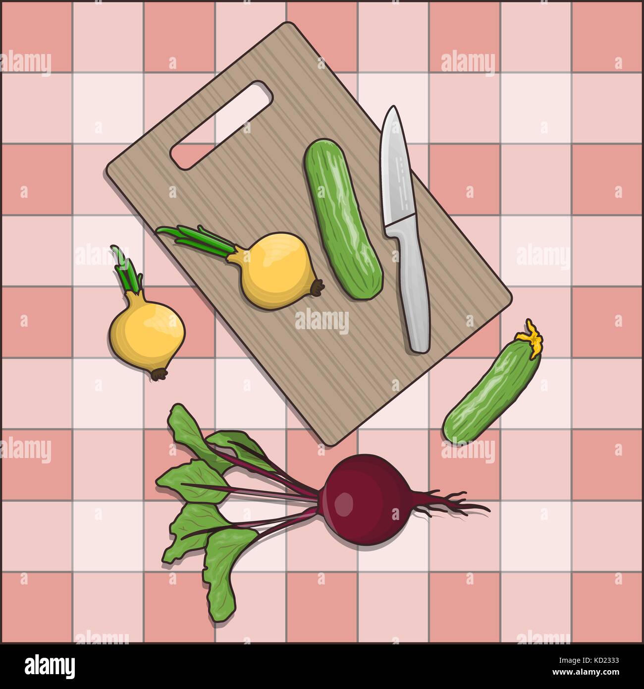 Vector illustration of vegetables chopping on a cutting board on white ...