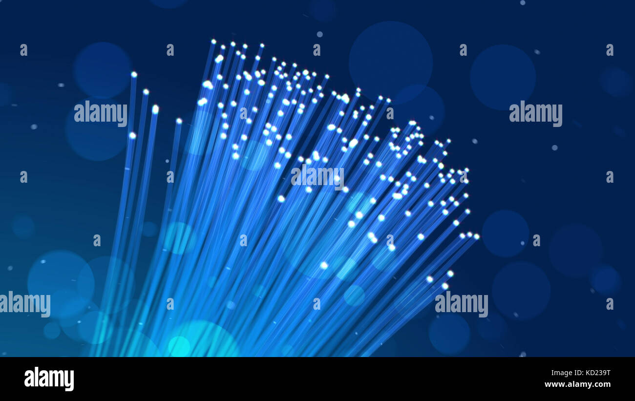 Dreamlike 3d illustration of a cluster of light blue optical fiber ...