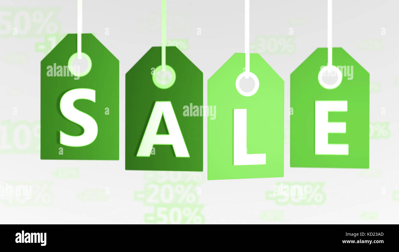 Exciting 3d rendering of four lime green sales tags of different ...