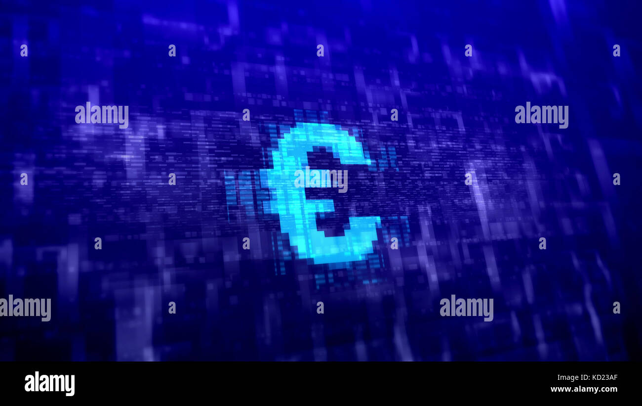 Artistic 3d rendering of a blue euro sign placed aslant in the dark ...