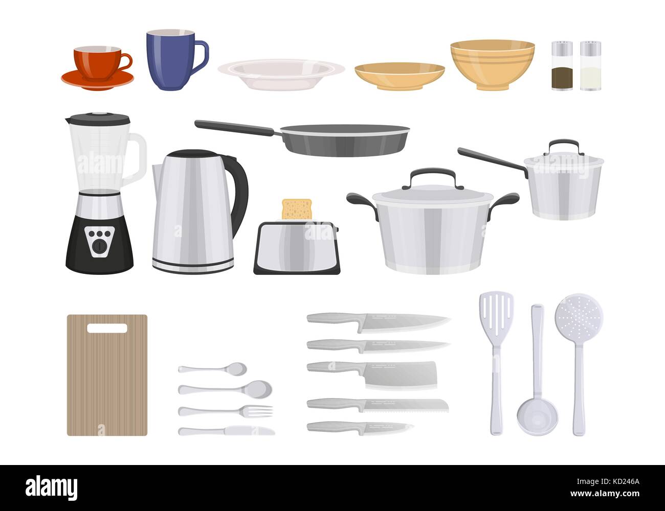Vector illustration of kitchenware and utensil on table. Kitchen and ...