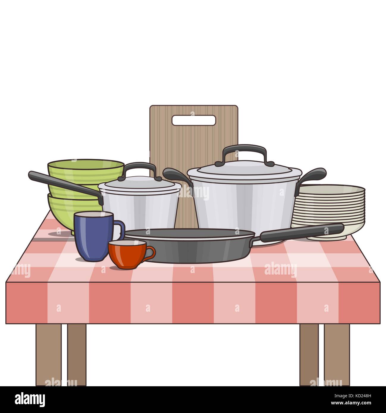 Vector illustration of kitchenware and utensil on table. Kitchen and ...