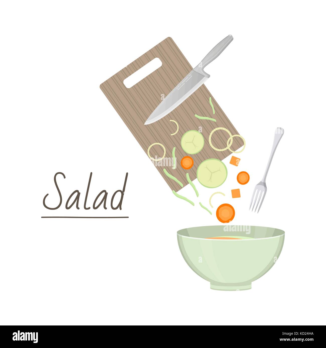 Vector illustration of ingredients for salad preparing on white ...