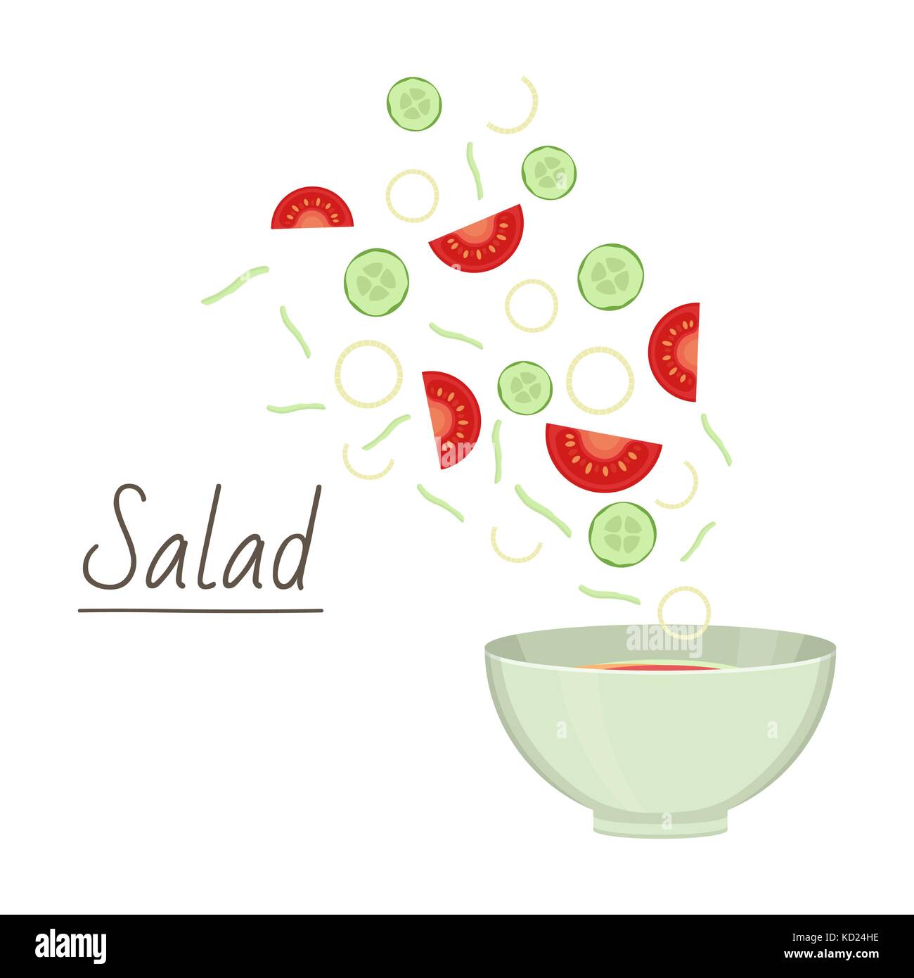 Vector illustration of ingredients for salad preparing on white ...