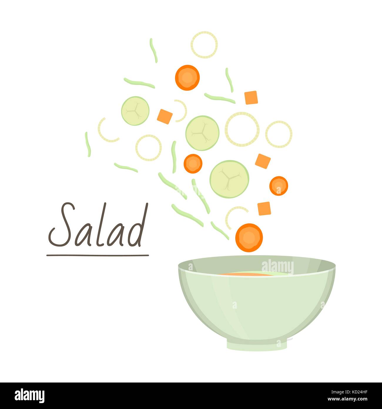 Vector illustration of ingredients for salad preparing on white ...