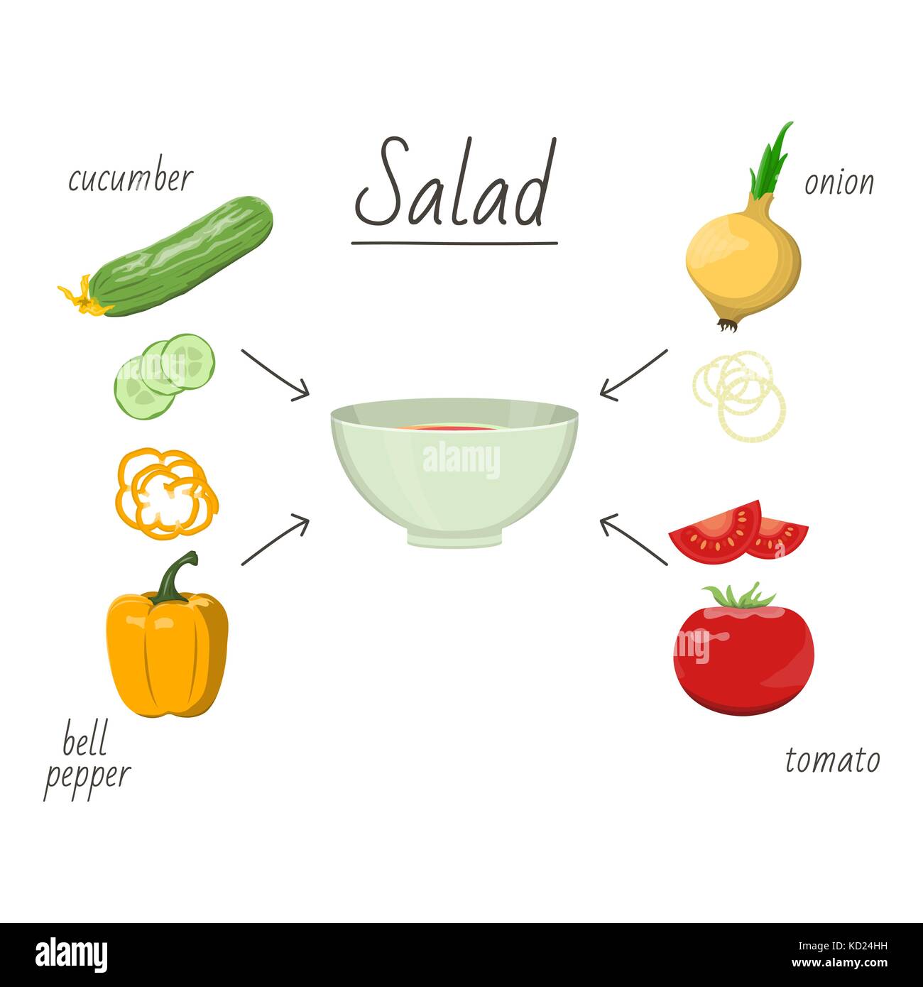 Vector illustration of ingredients for salad preparing on white ...