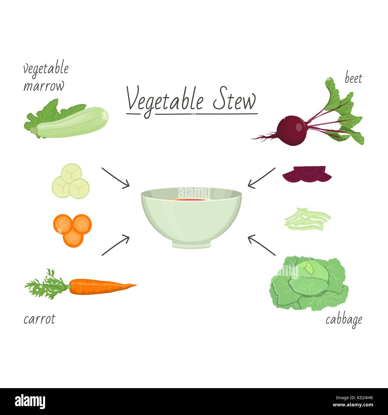 Vector illustration of ingredients for salad preparing on white ...