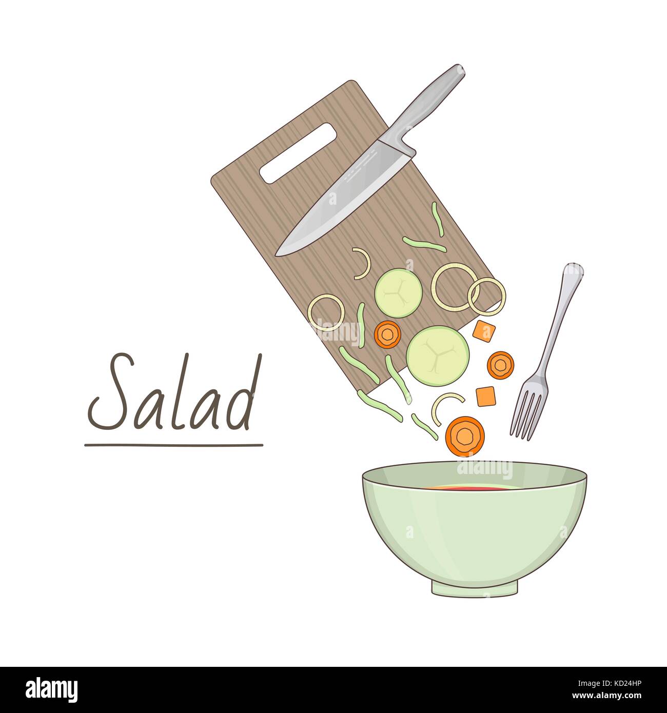 Vector illustration of ingredients for salad preparing on white ...