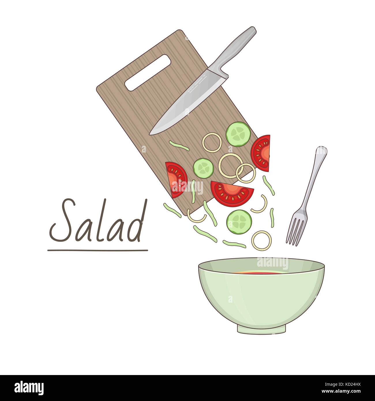 Vector illustration of ingredients for salad preparing on white ...