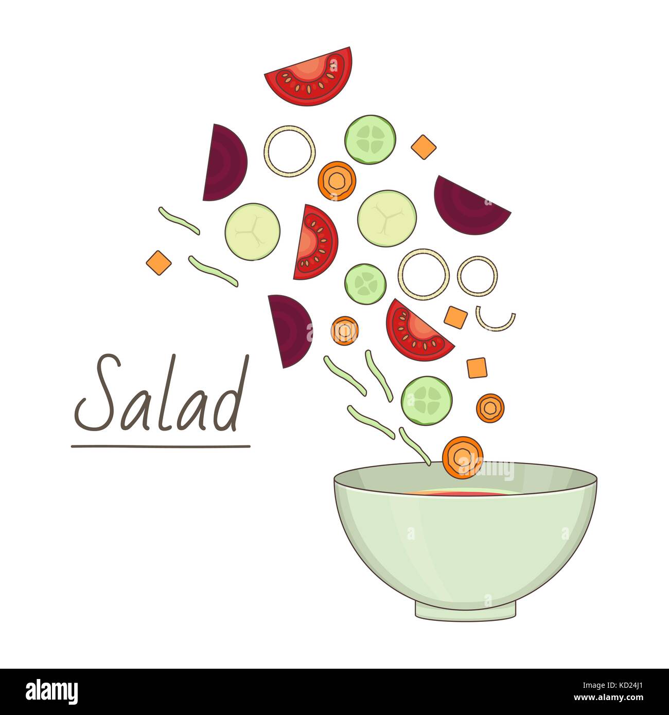 Vector illustration of ingredients for salad preparing on white ...