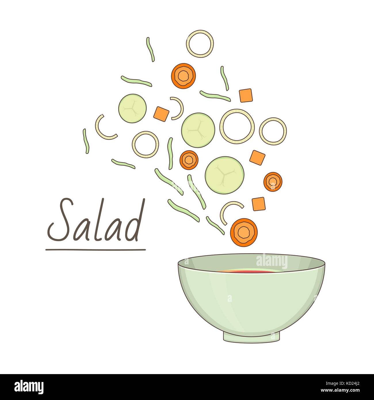 Vector illustration of ingredients for salad preparing on white ...