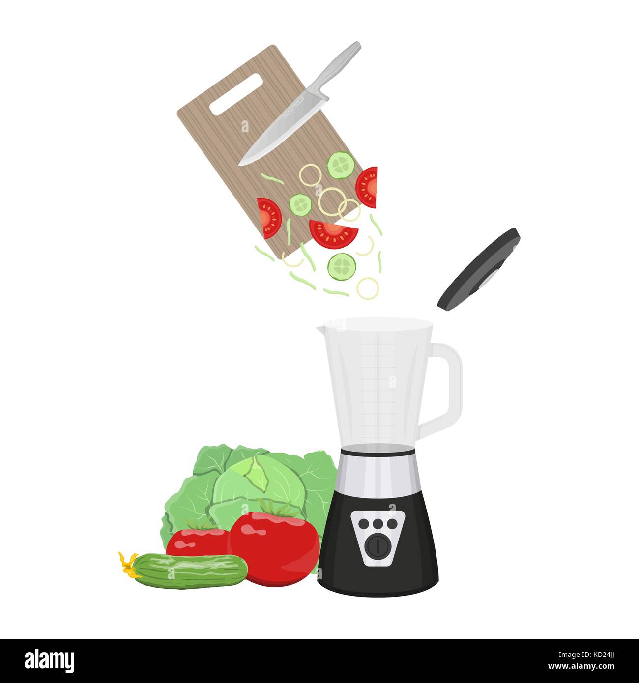 Vector illustration of vegetables chopping by mixer on white background ...