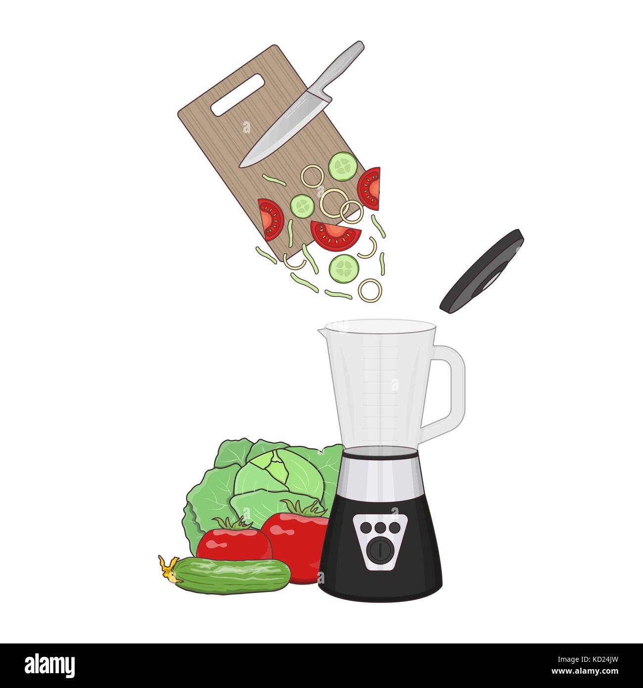 Vector illustration of vegetables chopping by mixer on white background ...