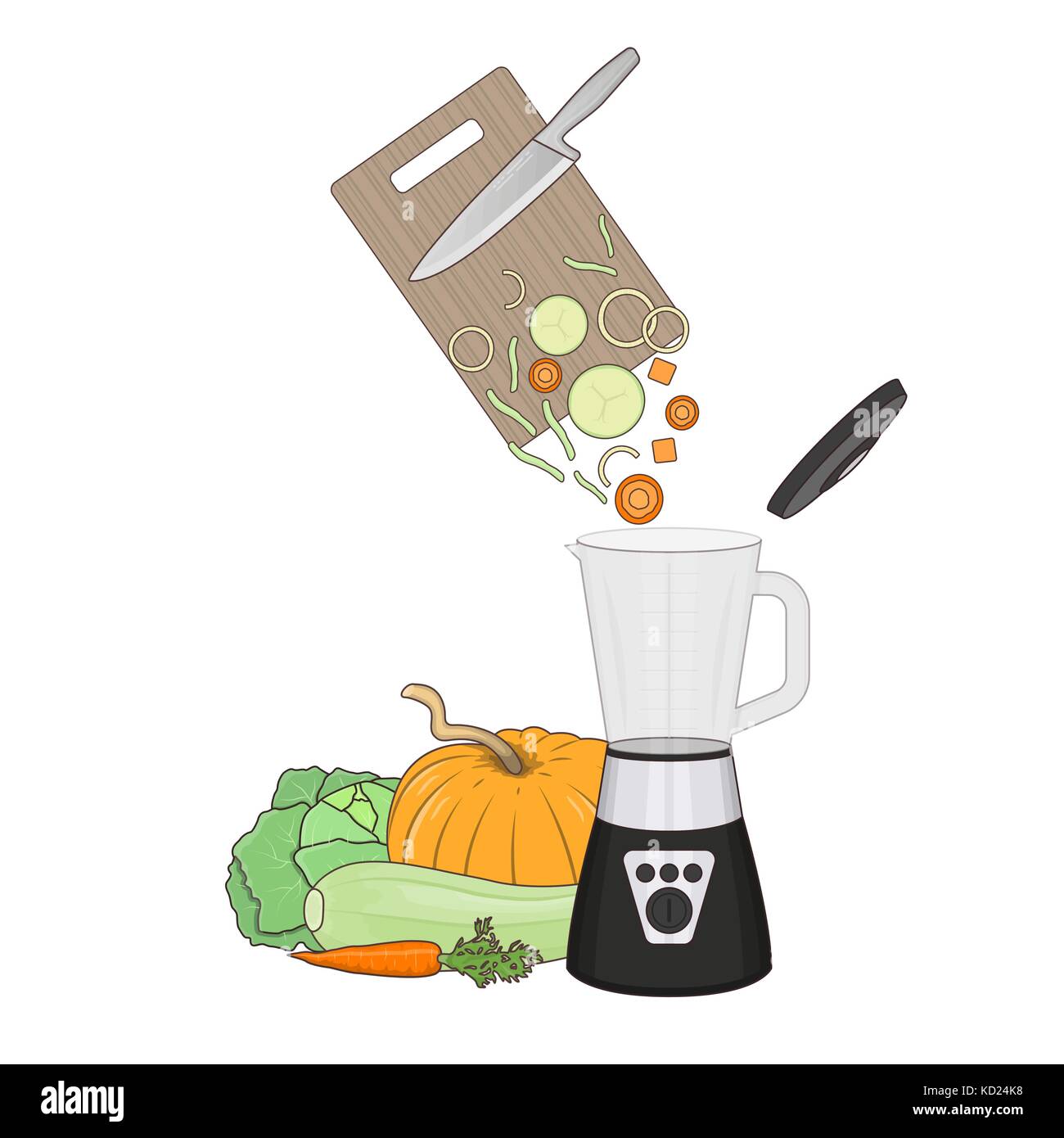 Vector illustration of vegetables chopping by mixer on white background ...