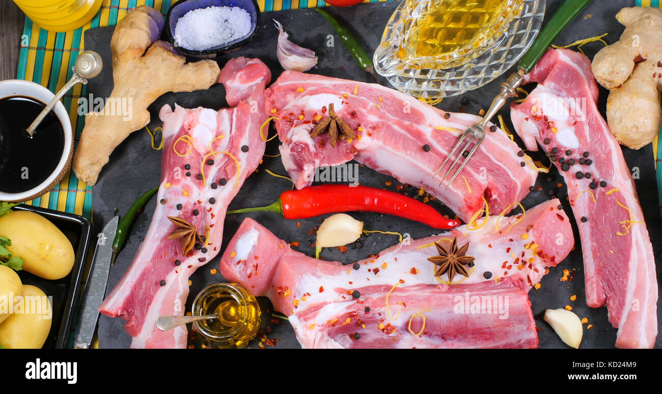 Top down close up view of ingredients for delicious sticky king pork ...