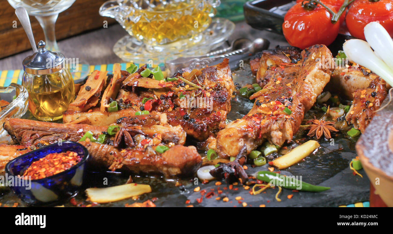 Close up view of delicious braised sticky king pork ribs Stock Photo ...