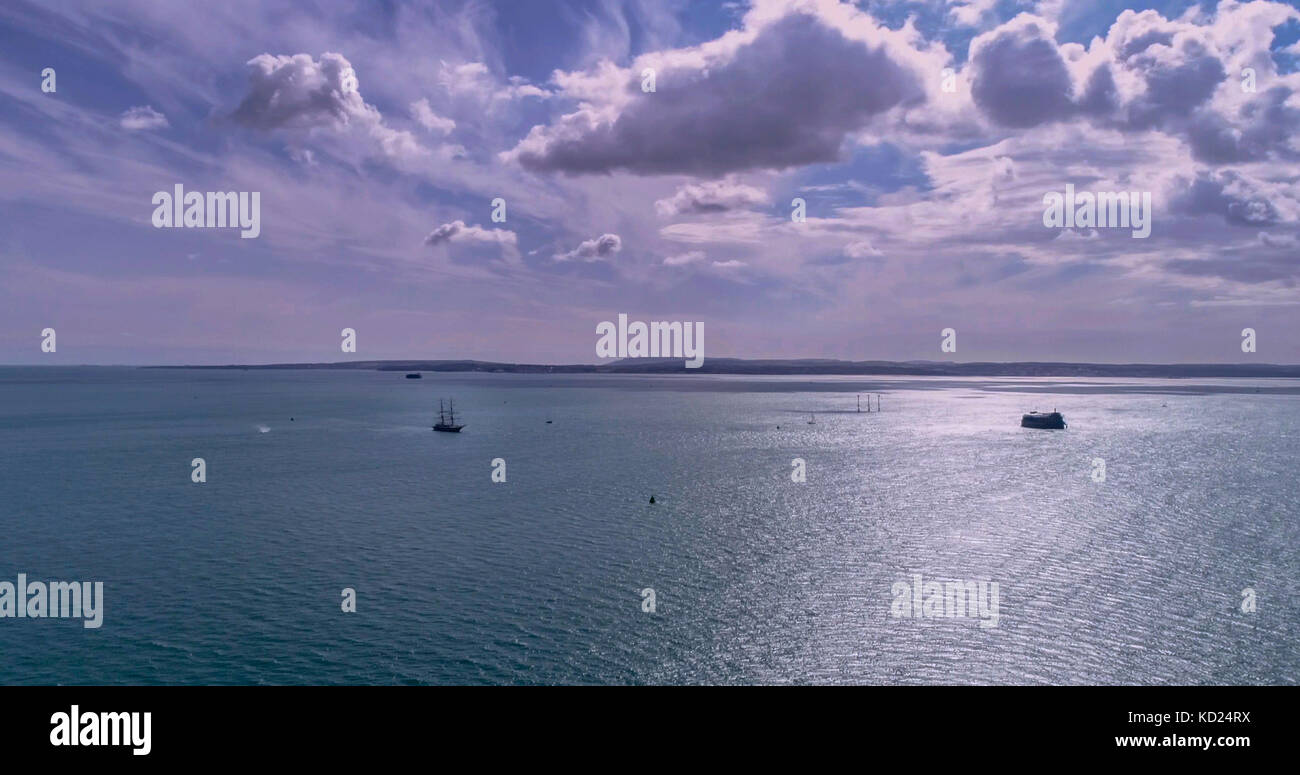 Aerial view of the Solent sea from Portsmouth to the Isle of Wight with ...