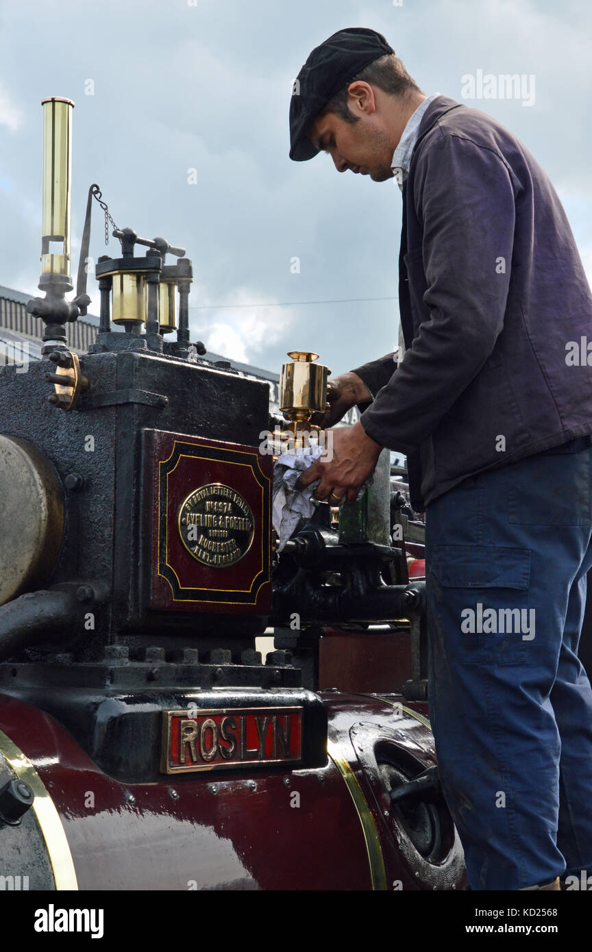 Man working on steamroller at the Vale of Rheidol Railway, Abersystwyth ...
