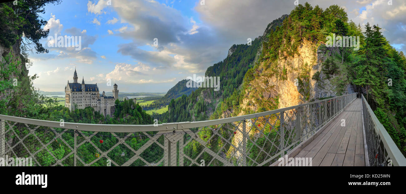 Side shot of Neuschwanstein Castle and bridge, near Füssen in southwest ...
