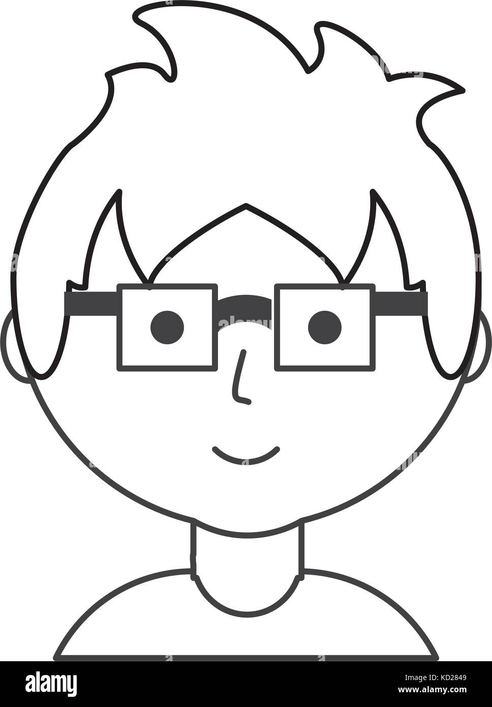 flat line uncolored young man face with glasses over white background ...