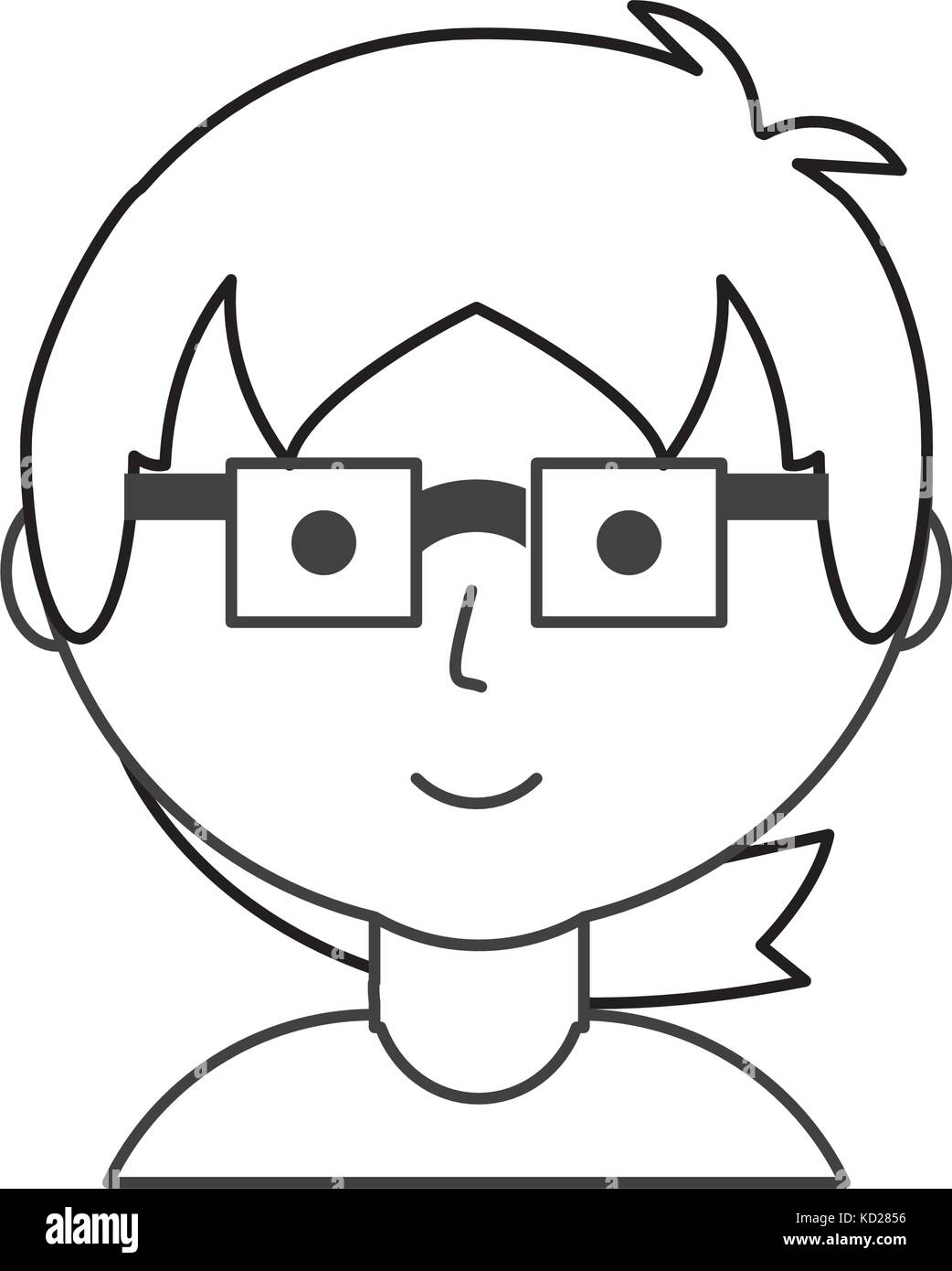 flat line uncolored young man face with glasses over white background ...