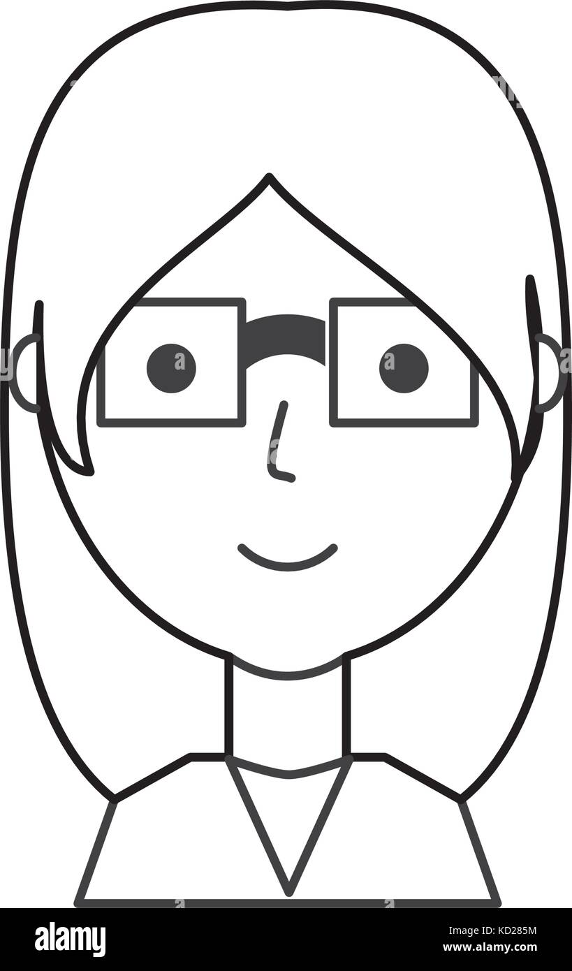 flat line uncolored woman face with glasses over white background ...