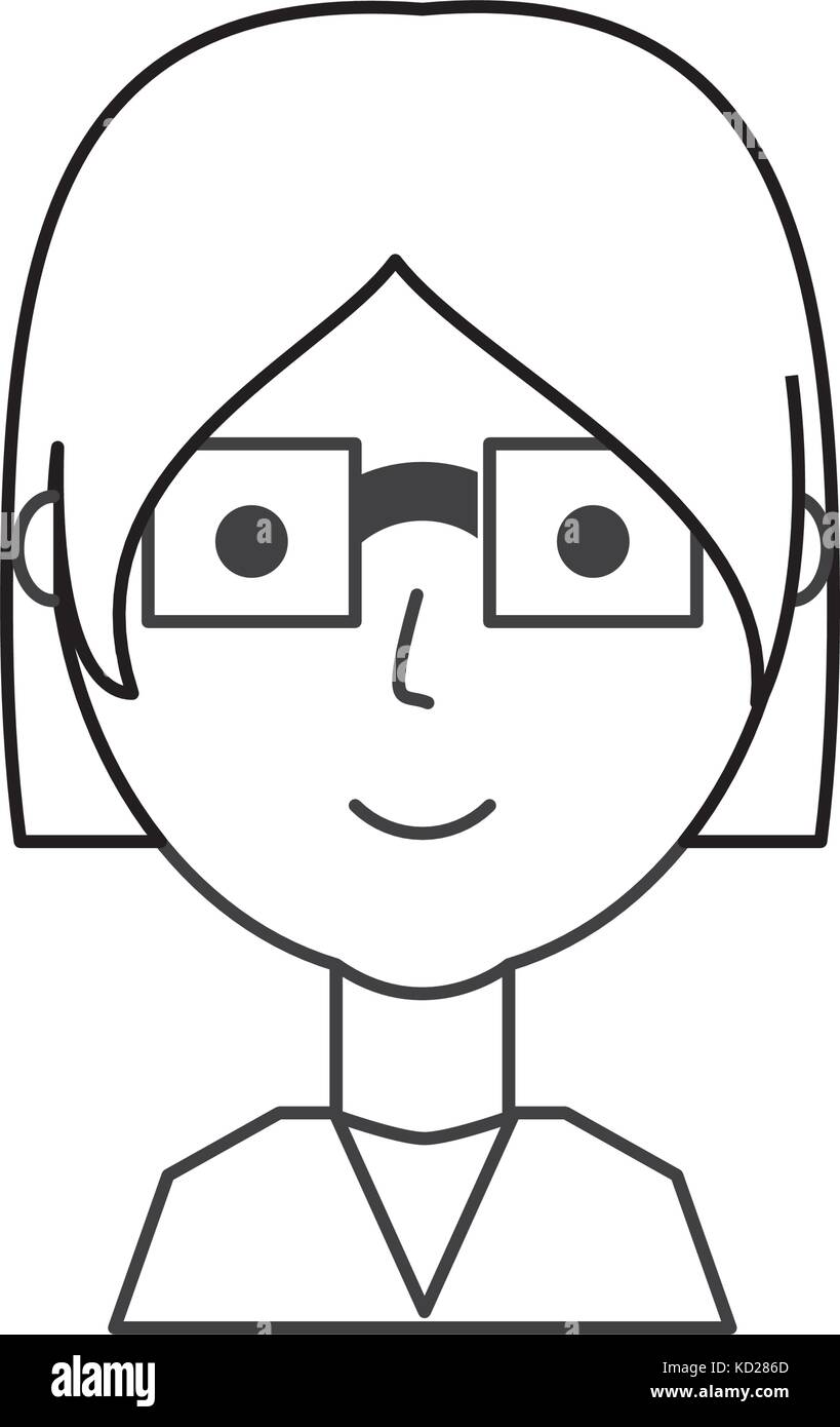 Flat Line Uncolored Woman With Glasses Face Over White Background Vector Illustration Stock