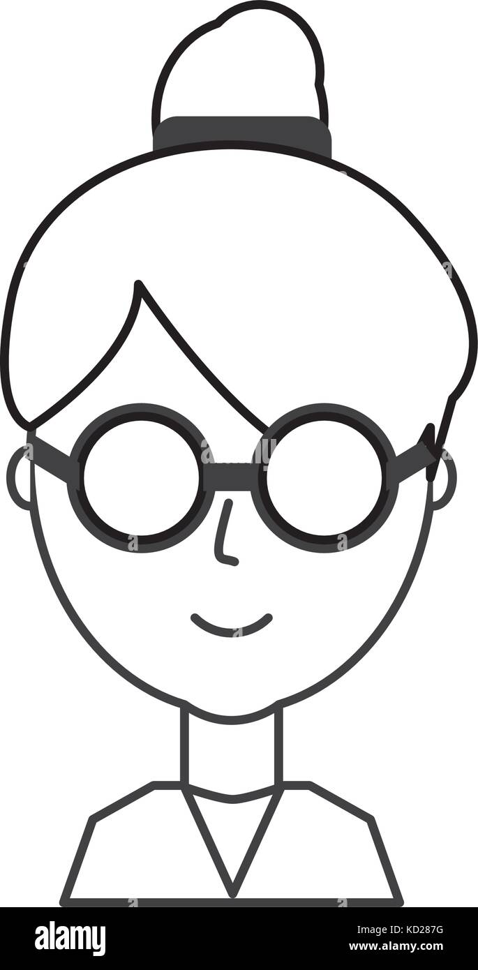 flat line uncolored woman face with glasses over white background ...