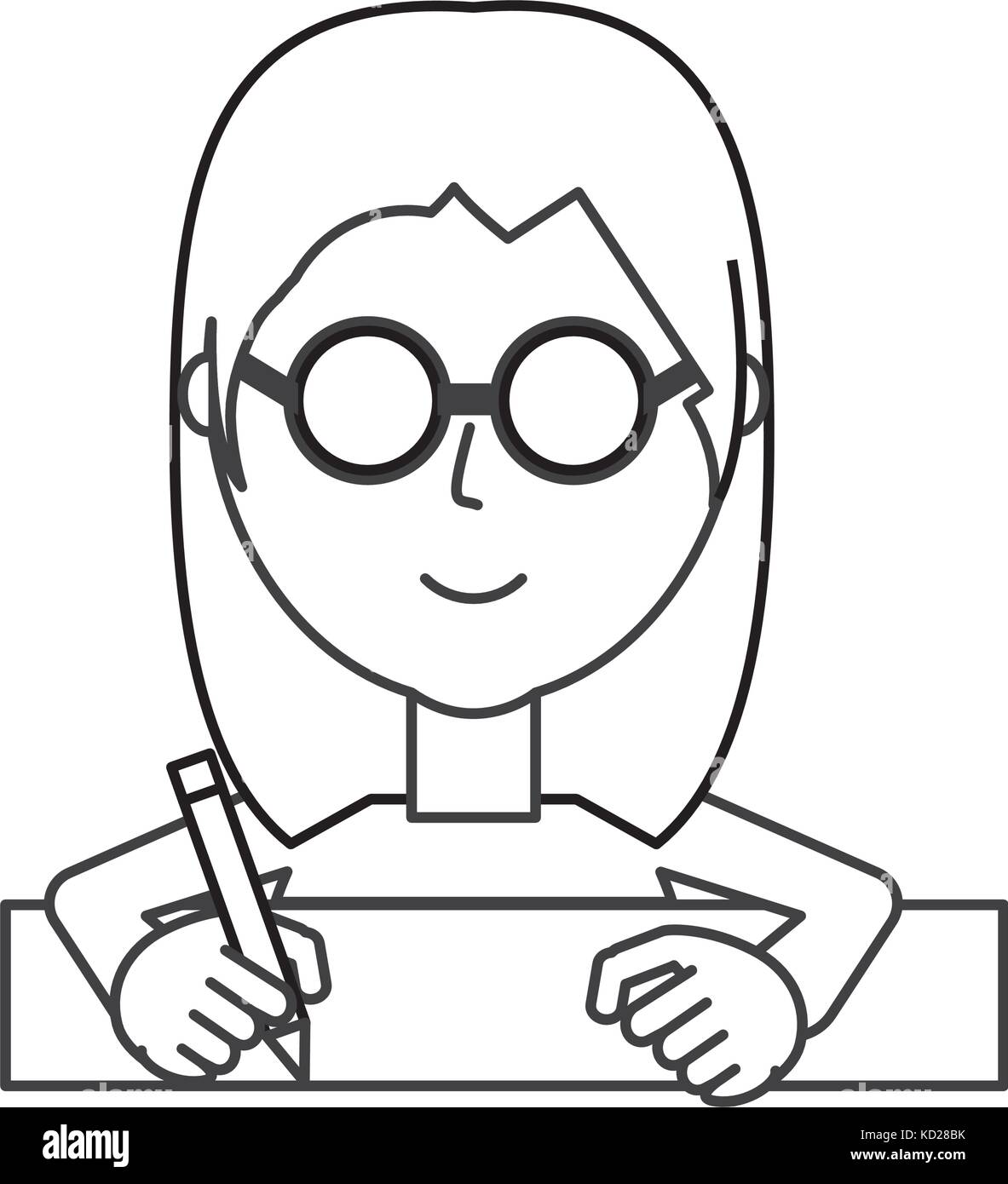 flat line uncolored woman with glasses typing over white background ...
