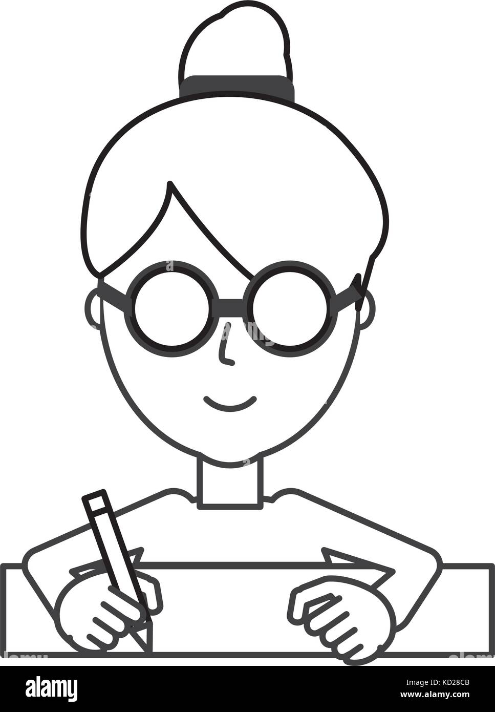 flat line uncolored woman with glasses typing over white background ...