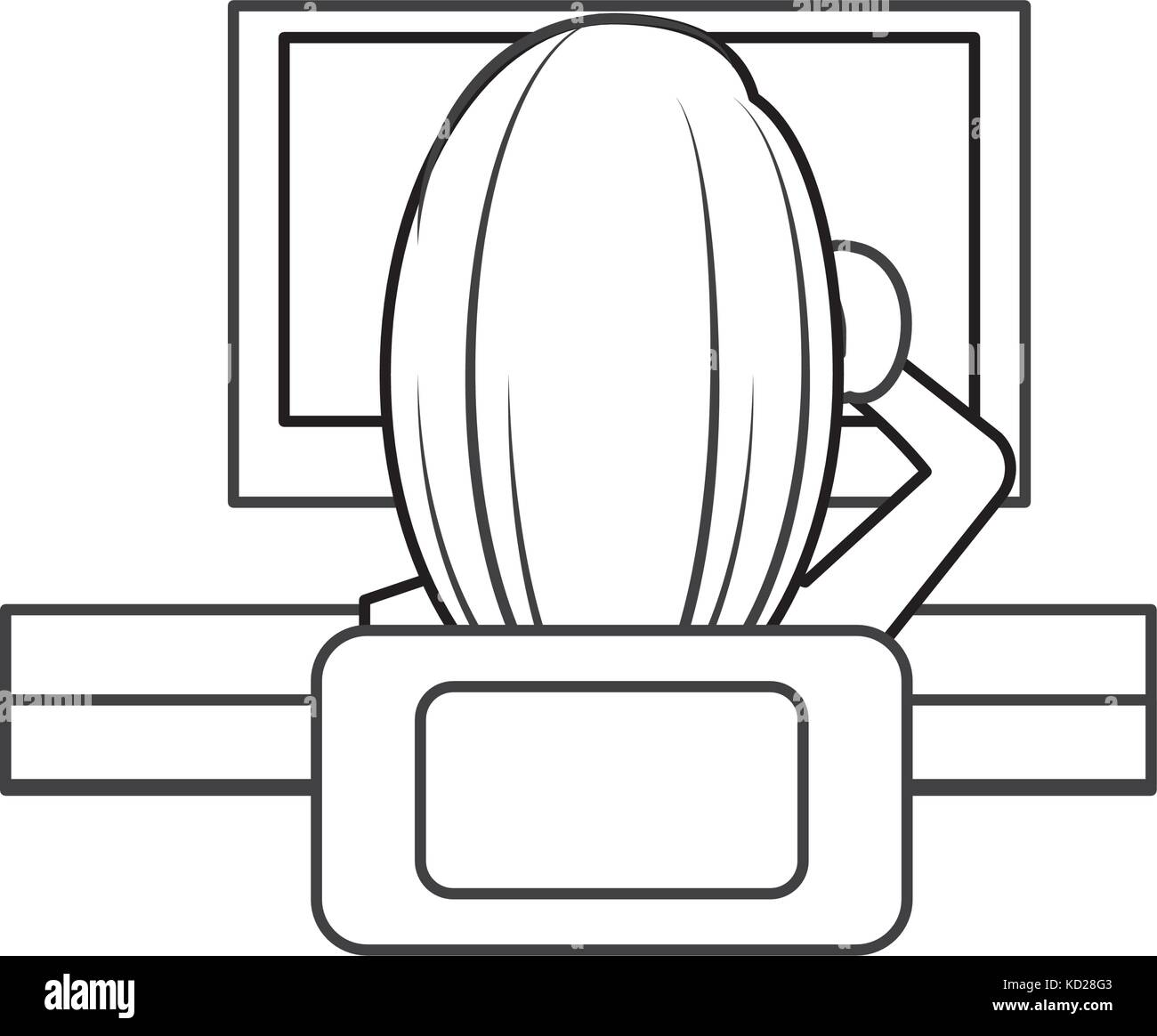 flat line uncolored woman with computer over white background vector ...