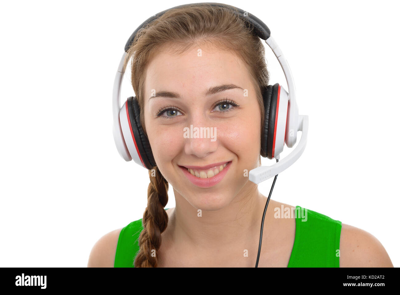 a beautiful smiling young woman with a headset, on white background ...