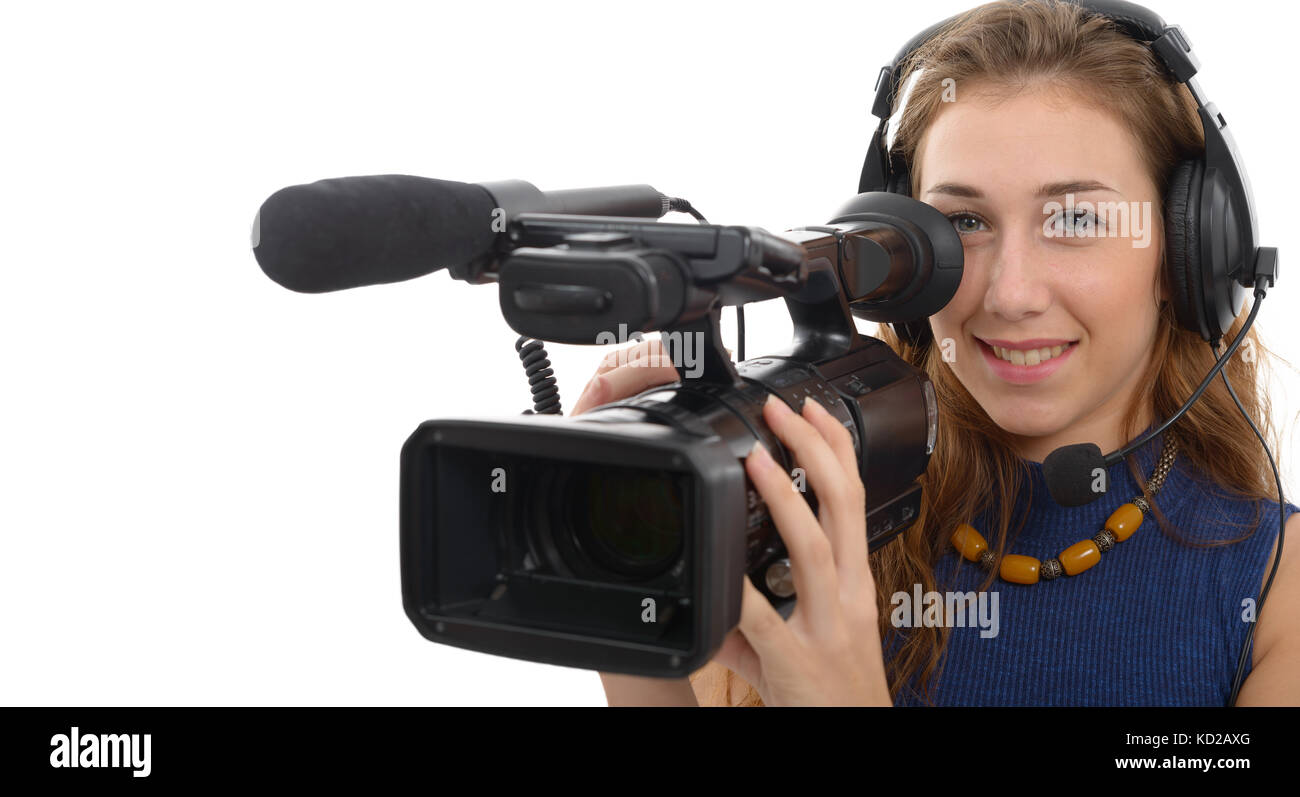 young woman with a camcorder, isolated on white background Stock Photo ...