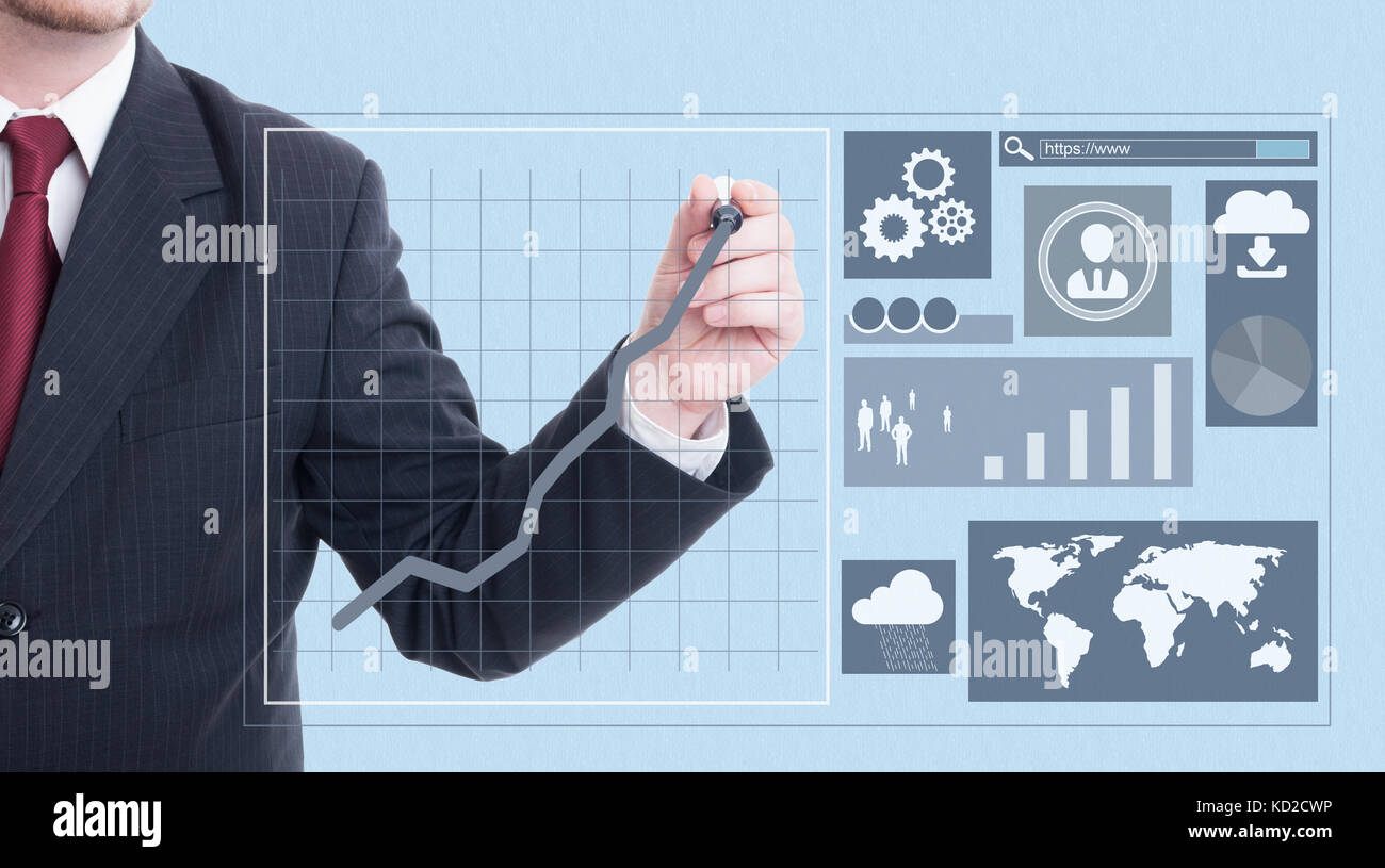 Male entrepreneur drawing with marker on screen showing financial ...