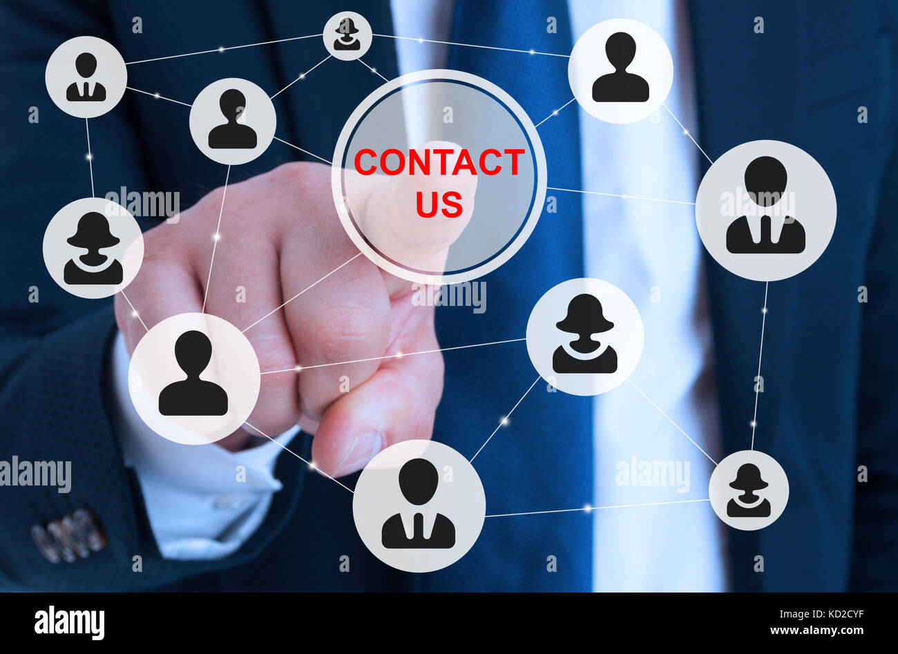 Male entrepreneur pointing on contact us button for world wide ...