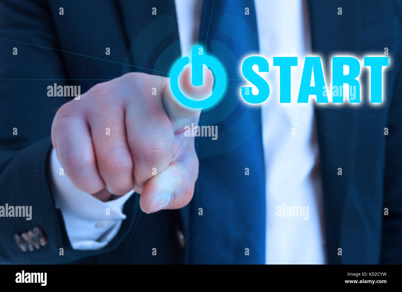 Closeup hand of entrepreneur pointing on start button in close-up view ...