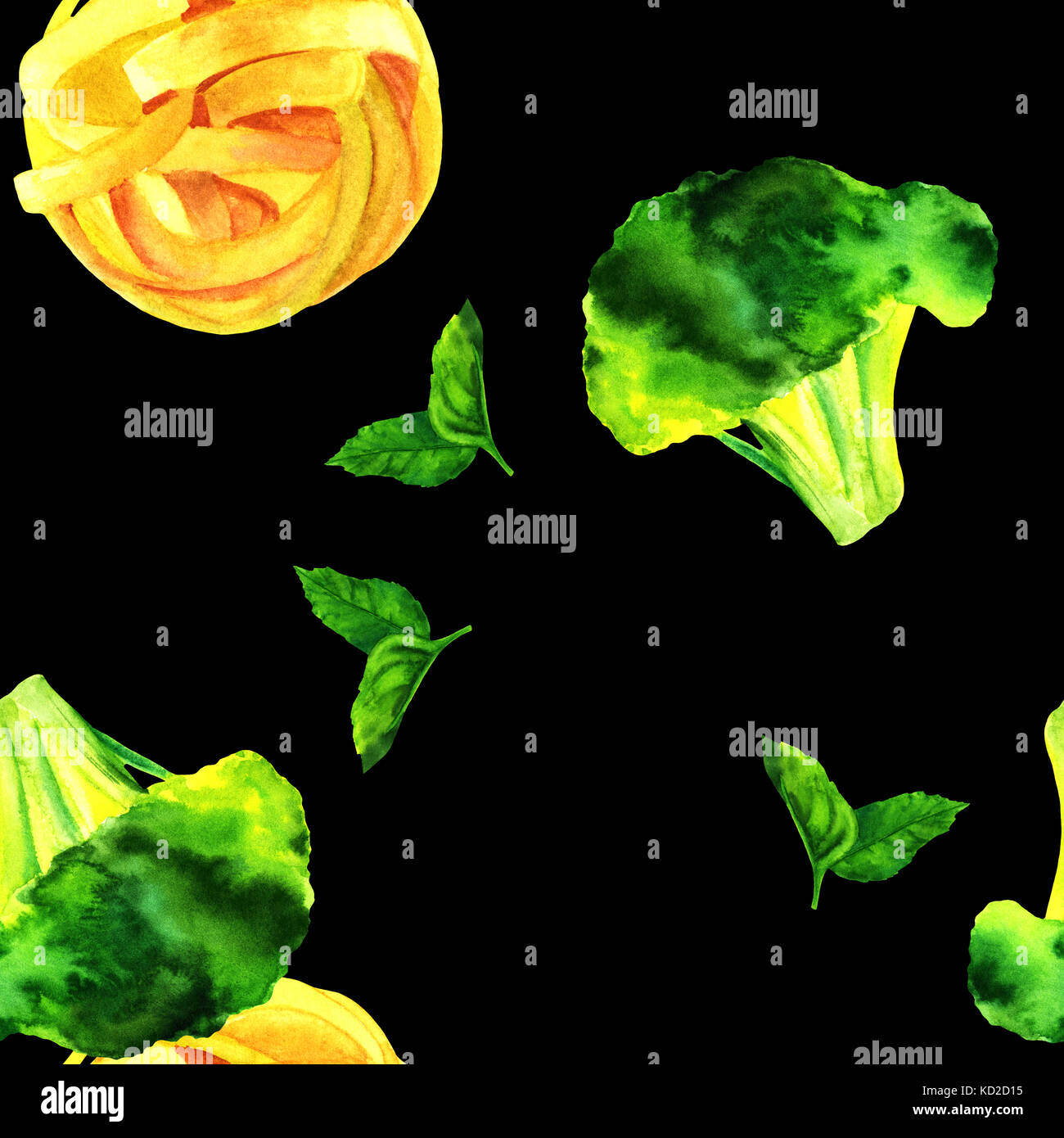 Seamless pattern, watercolour vegan food drawings on black Stock Photo ...