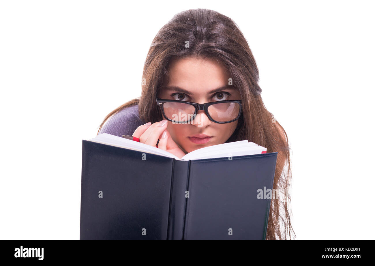 Portrait of beautiful girl with glasses reading a book in closeup view ...