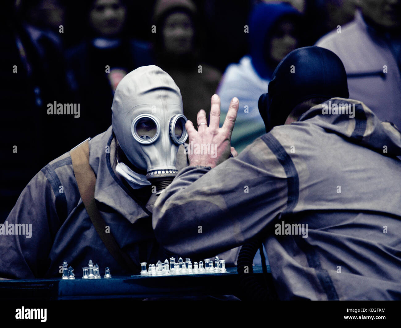 Kryvyi Rih, Ukraine - October 9, 2017: Two men attired gas masks on ...